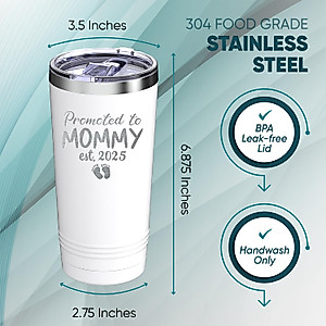 shop4ever Promoted to Mommy Est. 2025 Tumbler Insulated Tumbler 20 oz. with Lid, Stainless Steel Cups Travel Coffee Mug New Mom Pregnancy Announcement Gift (White)