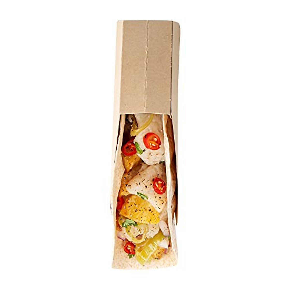 Restaurantware Bio Tek 6 .25 x 2 x 3.75 Inch Single Taco Holder 200 Greaseproof Stand Up Taco Holder - Large Self-Standing Kraft Paper Paper Taco Holder Freezable