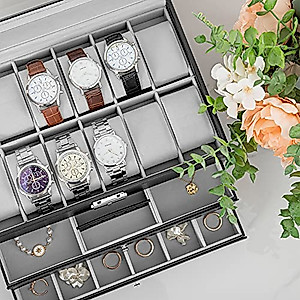 Oyydecor Jewelry Box Watch Box PU Leather Case Organizer Wooden Storage Organizer for Storage and Display Men's & Women's Gift Business (3layers-Gray)