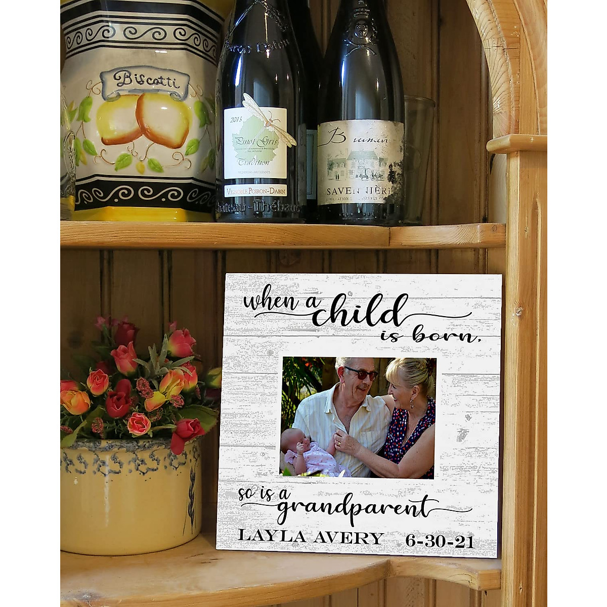 Grandparent Baby Photo Frame Alternative - Personalized When A Child Is Born So Is A Grandparent - Upload Picture or Photo - with Customized Name and Birthday - Solid Wood