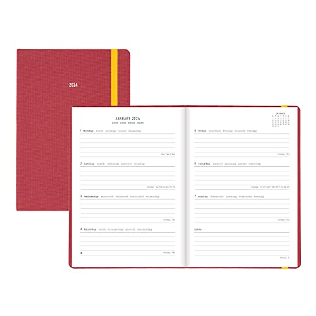 Letts of London Raw Weekly/Monthly Planner, 12 Months, January to December, 2024, Sewn Binding, A5 Size, 8.25" x 5.875", Multilingual, Berry (C082310-24)