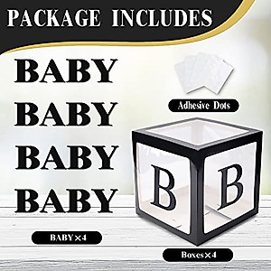 Baby Boxes with Letters for Baby Shower, 4 Transparent Balloon Boxes with 16 Letters for Boys & Girls Birthday, Gender Reveal Decorations and Wedding Party(Black)