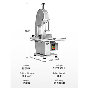 1500W Electric Bone Saw Machine, 0.8-5.9 Inch Cutting Thickness,2.6HP Frozen Meat Cutter 110V Commercial Bandsaw Machine, 20x15in Table Sawing for Chicken Fish Trotter Beef, Equipped with 6 Saw Blades