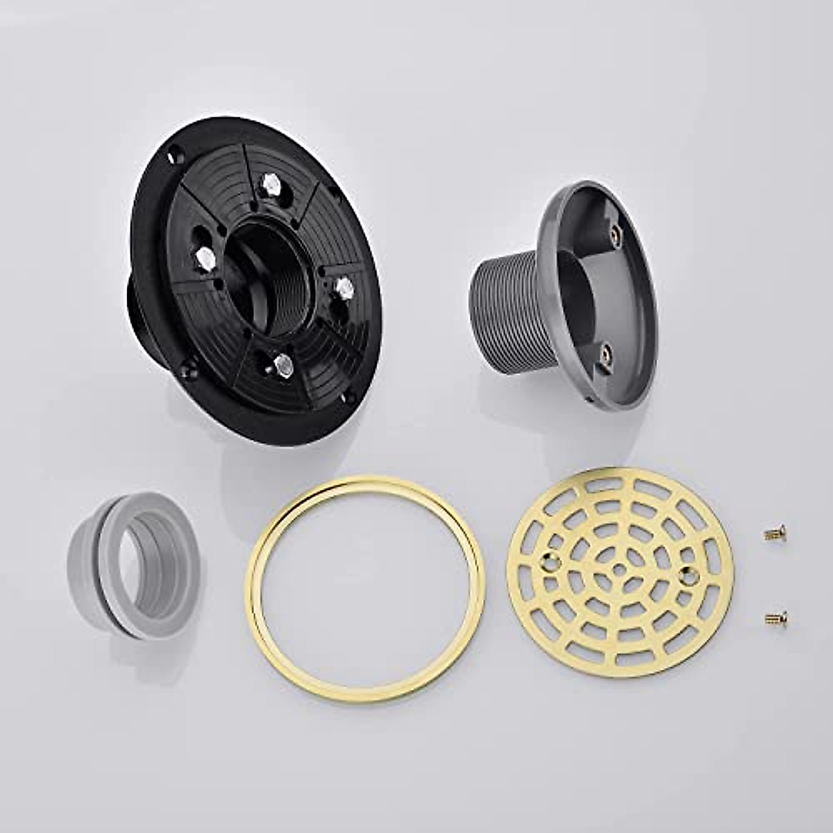 Round 4-1/4Inch Shower Drain, 304 Stainless Steel Brushed Gold Shower Floor Drain, Quadrato Pattern Grate Removable,Includes Drain Flange Kit