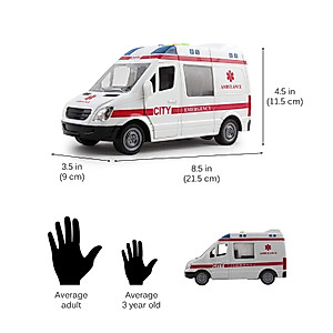 Vokodo Rescue Ambulance Friction Powered 1:16 Scale with Lights and Sounds Kids Medical Transport Emergency Vehicle Push and Go Durable Toy Car Pretend Play Van Great Gift for Children Boys Girls