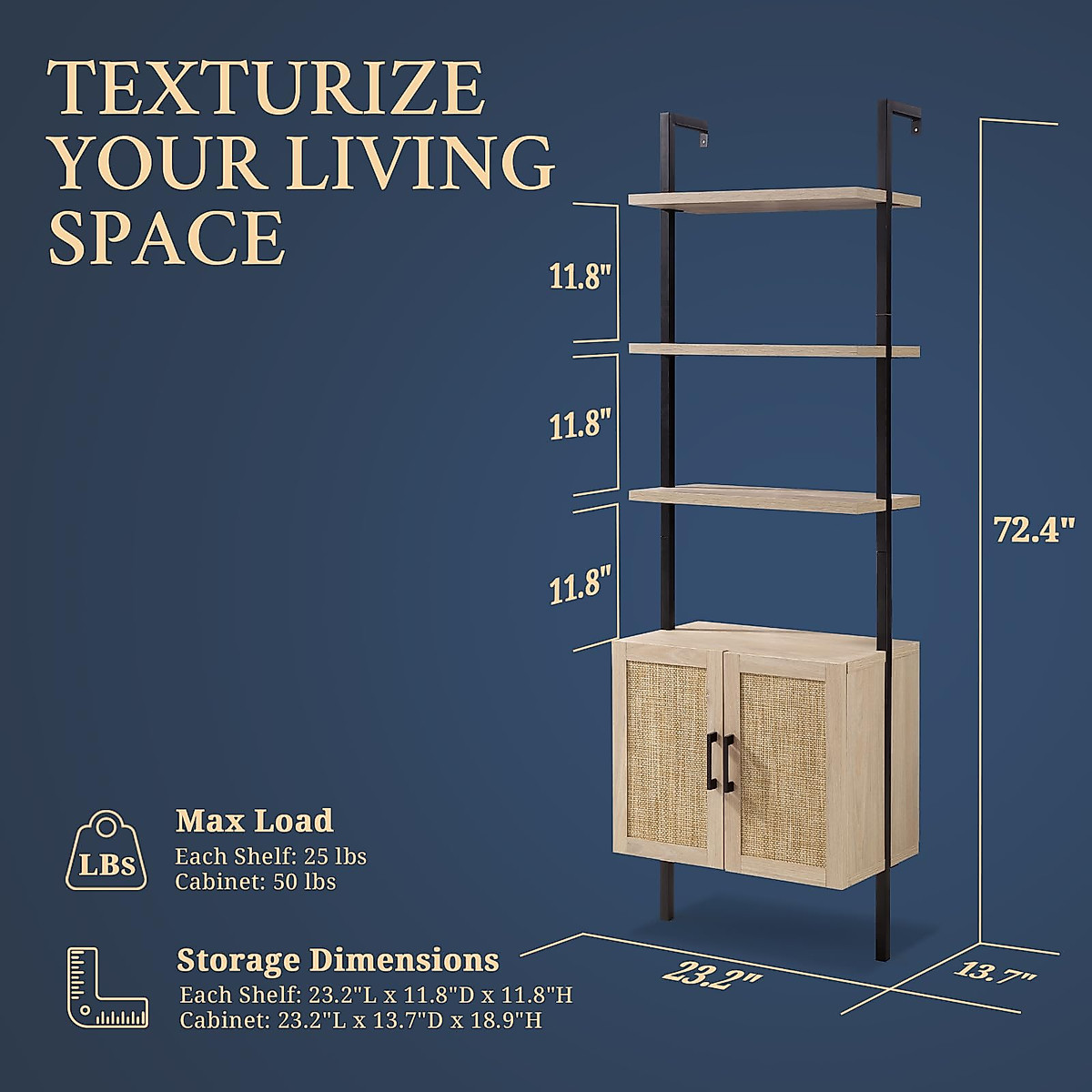 OAKHAM HOME 5 Tier Book Shelf, 73" Tall Bookshelf with Storage, Modern Bookcase with Shelves, Wall Mount Ladder Shelf with Steel Frame, Bookshelves with Rattan Cabinet for Living Room (Weathered Oak)