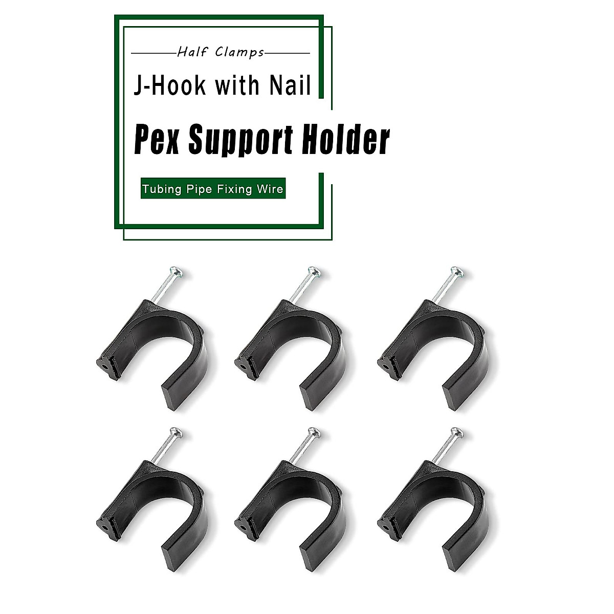Rierdge 100 Pieces Half Clamps J-Hook with Nail, 1/2 & 3/4 Inch Black Pex Support Holder for Tubing Pipe Fixing Wire 12mm & 20 mm