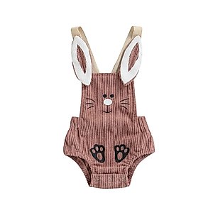 WASAIGOOD My First Easter Baby Romper Newborn Boys Girls Corduroy Backless Romper Bodysuit Rabbit Ears Suspender Overalls (Pink,6-9 Months)