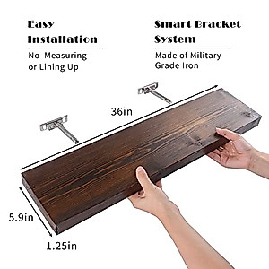 QTSARTISAN Floating Shelf Set — Rustic Solid Wood Hanging Rectangle Wall Shelves with Invisible Metal Brackets for Bedroom, Bathroom, Living Room and Kitchen(Walnut, 36" x 5.9")