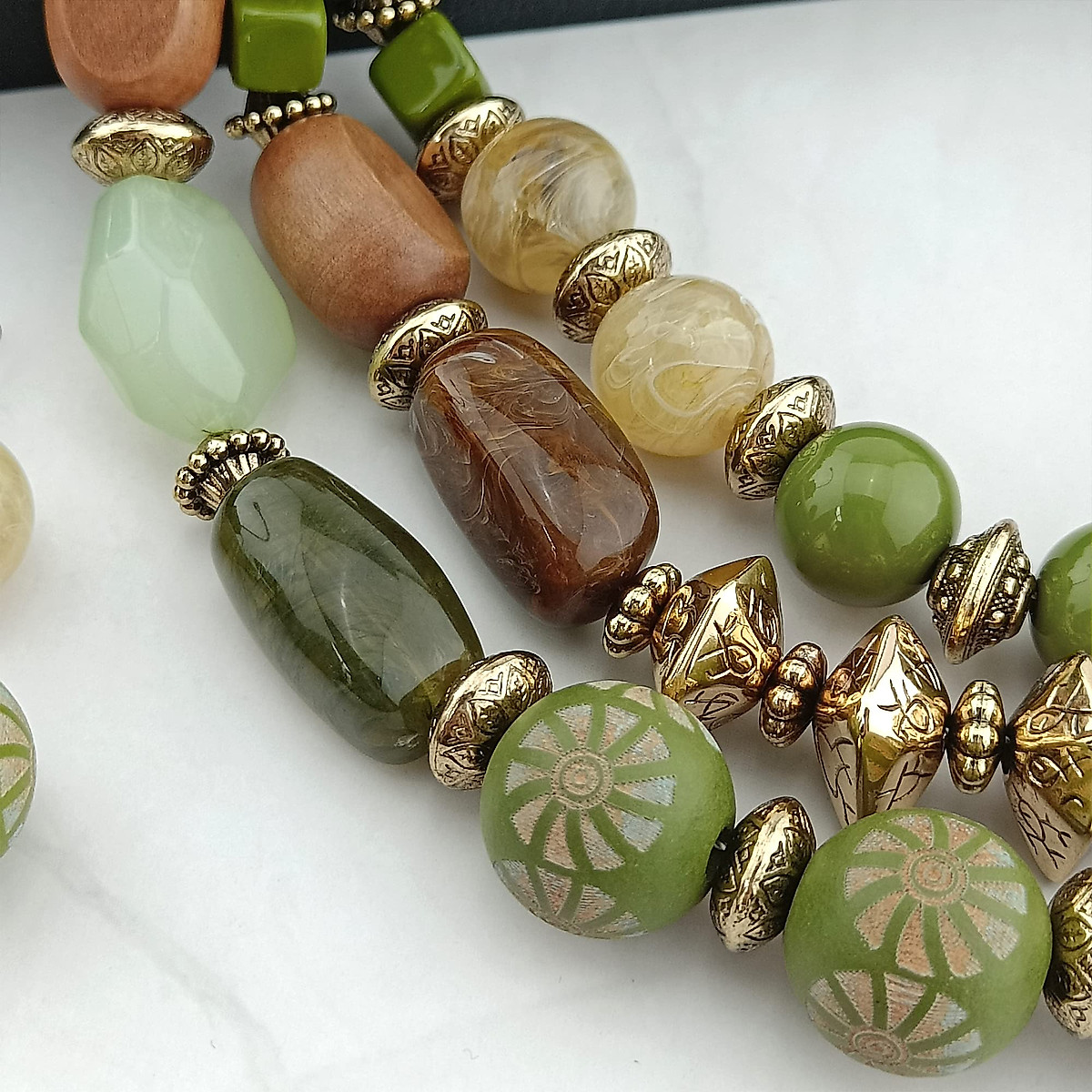 Bocar 3 Layer Chunky Statement Beaded Necklace Set with Earrings Fashion Multi Layer Women Collar Necklace (NK-10625-Olive)