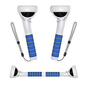 Amavasion 2 in 1 Long Arms & Handle Attachments Compatible with Meta/Oculus Quest 2 Hand Controllers,Extension Grips Compatible with Gorilla Tag/Beat Saber/Golf/More VR Games-Blue/Blue