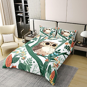 Feelyou Boys Girls Cute Owl Bedding Set Queen(No Comforter), 3D Animal Printed 100% Cotton Duvet Cover Kids Bird Decor Comforter Cover Cartoon Owls Design Teens 3Pcs with 2 Pillow Case