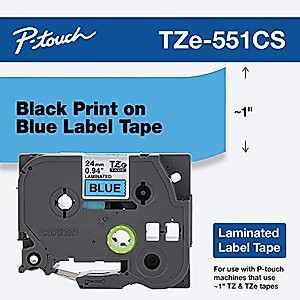 Brother Genuine P-touch, TZe-551CS, 0.94” x 26.2’, Black on Blue Laminated Label Tape