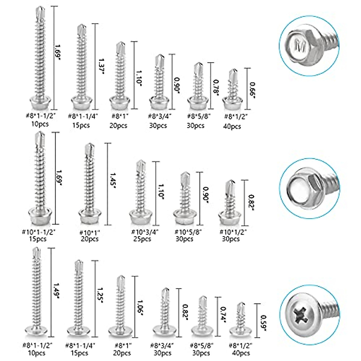 OIZEN 410PCS 410 Stainless Steel Self Drilling TEK Screw Assortment Kit (Silver),Hex Washer Head & Wafer Head Screws,Multiple Length