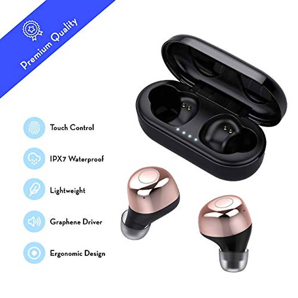 KNZ True Wireless Earbuds Bluetooth 5.0, IPX7 Waterproof, Touch Control, HD Sound, Magnetic Charging case, Built-in Microphone, Stereo Talk, 60-Foot Wireless Range (Rose Gold)