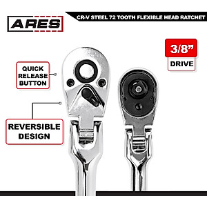ARES 42026 - Flex Head Ratchet - 3/8-inch Drive 72-Tooth Ratchet - Premium Chrome Vanadium Steel Construction & Chrome Plated Finish - 72-Tooth Quick Release Reversible Design with 5 Degree Swing