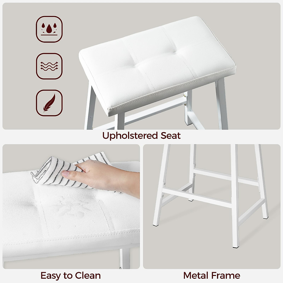 MAHANCRIS Bar Stools, Set of 2 PU Upholstered BarStools, 23.6-Inches Bar Chairs, Counter Height Bar Stools for Kitchen, Dining Room, Bar, Easy Assembly, White BABW04R01