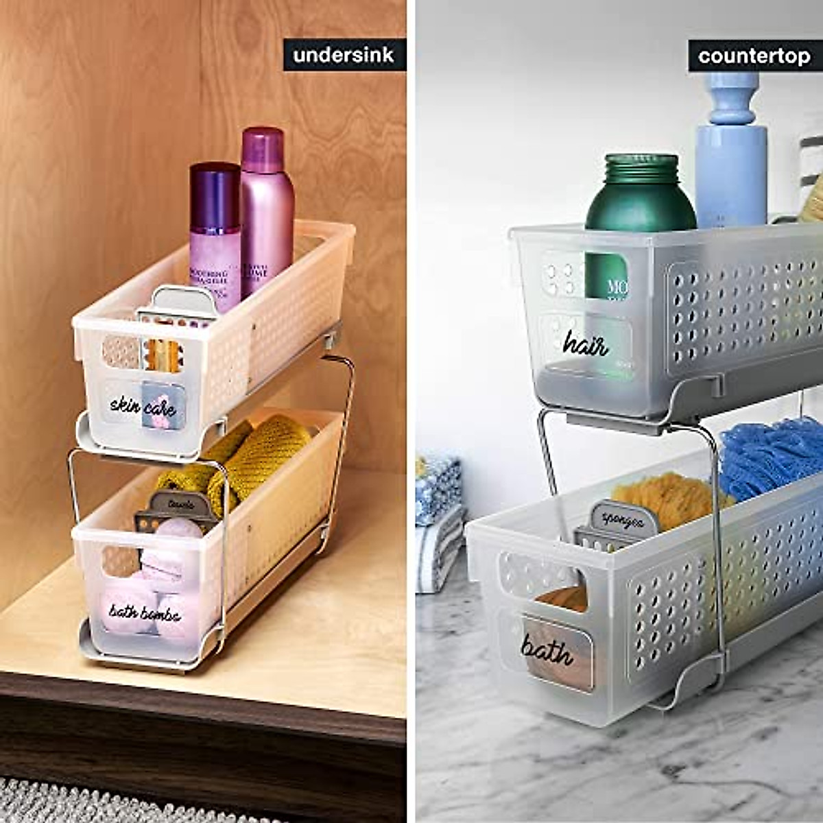 Madesmart 2-Tier Plastic Mini Multipurpose Organizer with Divided Slide-Out Storage Bins, Compact Under Sink and Cabinet Organizer Rack, Frost, Pack of 6
