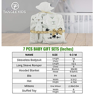 TANGEE KIDS Baby Shower Gift 7 Piece Ivory White (0-3 Months), Newborn Premium Cotton Baby Clothes Boy Girl, Gift Registry, Bodysuits, Bib, Hooded Blanket, Mittens, Hat, Stuffed Toy