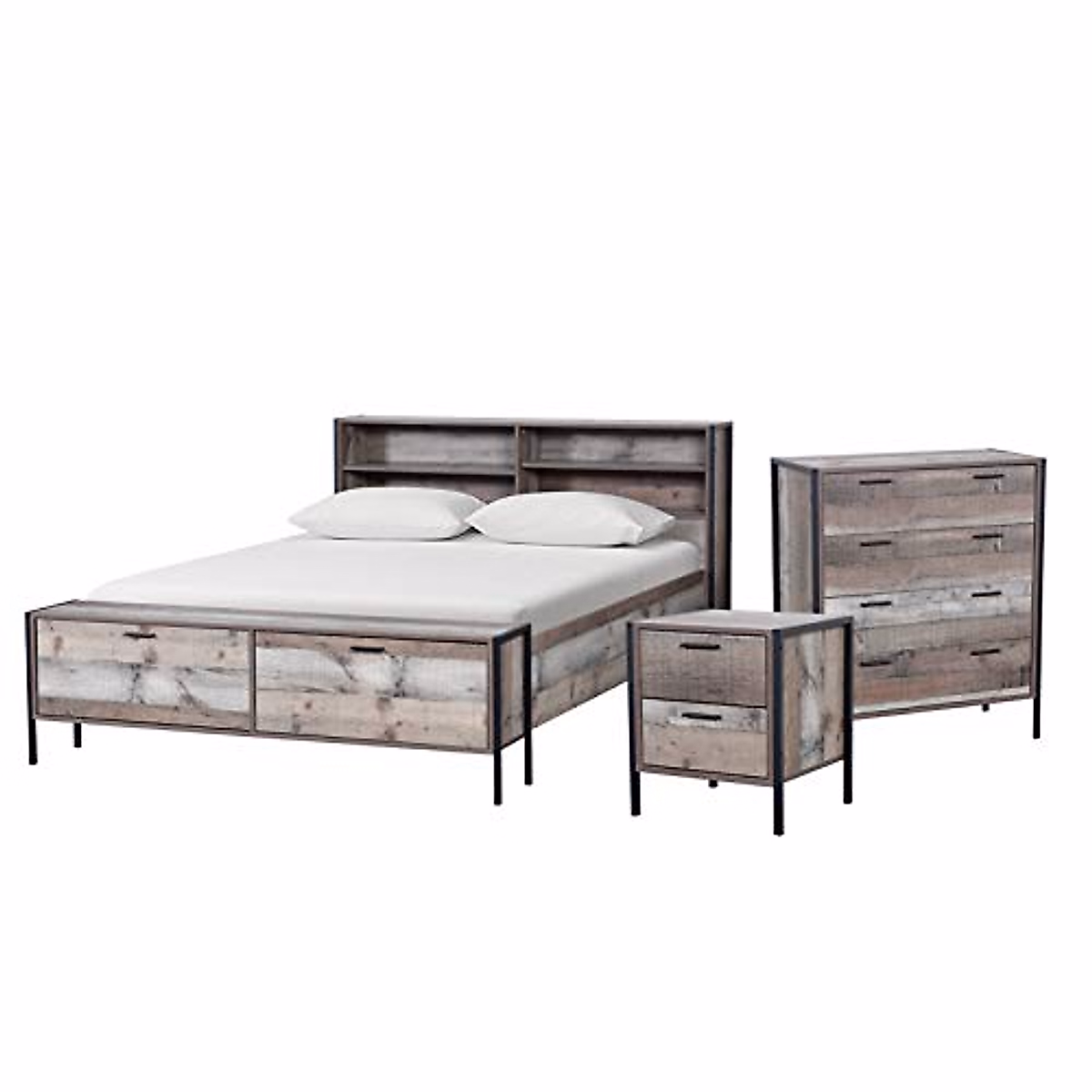 OS Home and Office Furniture Model Two Drawer Metal Frame and Legs night stand, Rustic Reclaimed Barnwood Laminate