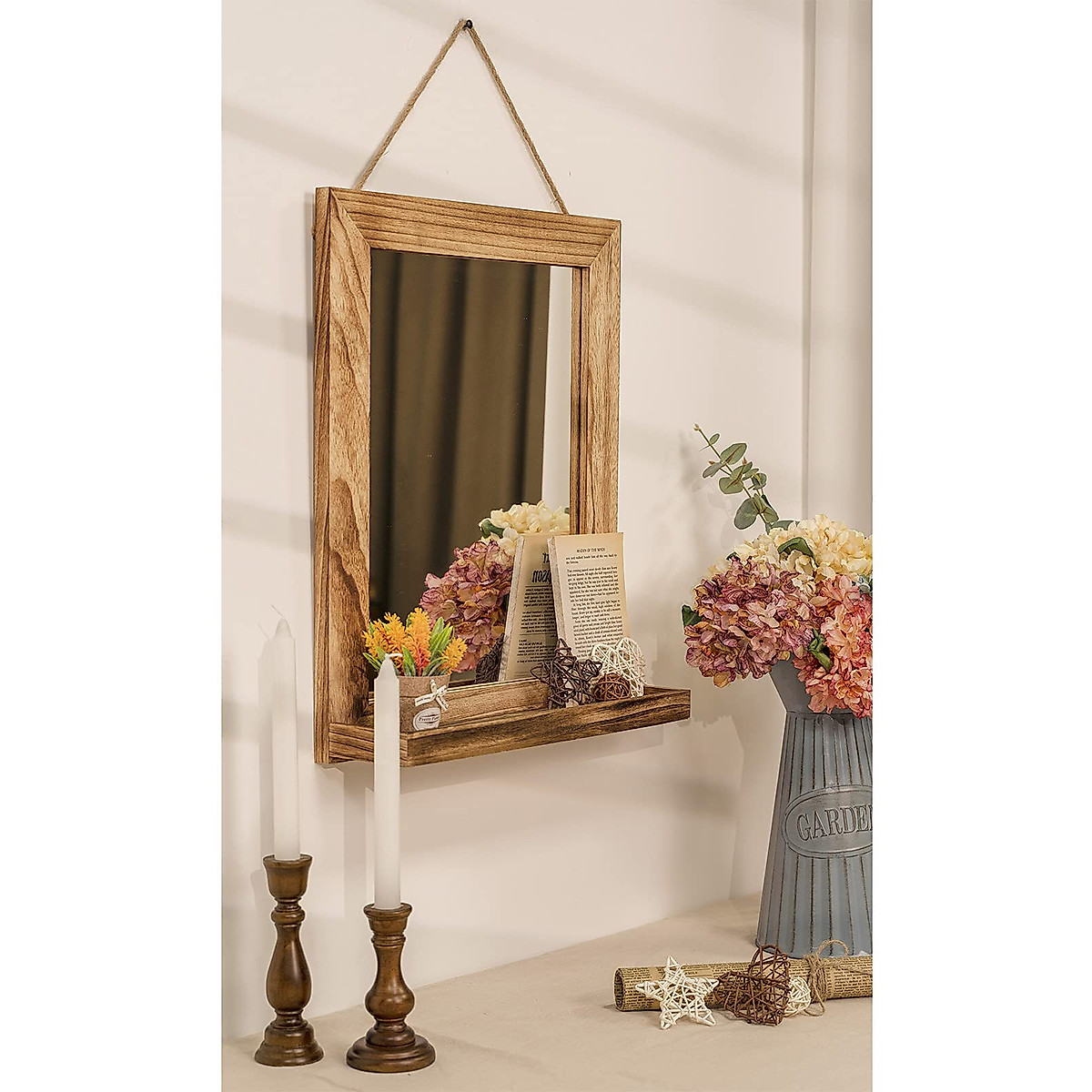 Emfogo Wall Mirror with Shelf, 20 x 16 inch Farmhouse Decor Wall Mirror Hanging for Bathroom, Vanity, Bedroom, Entryway, Living Room (Rustic Brown)