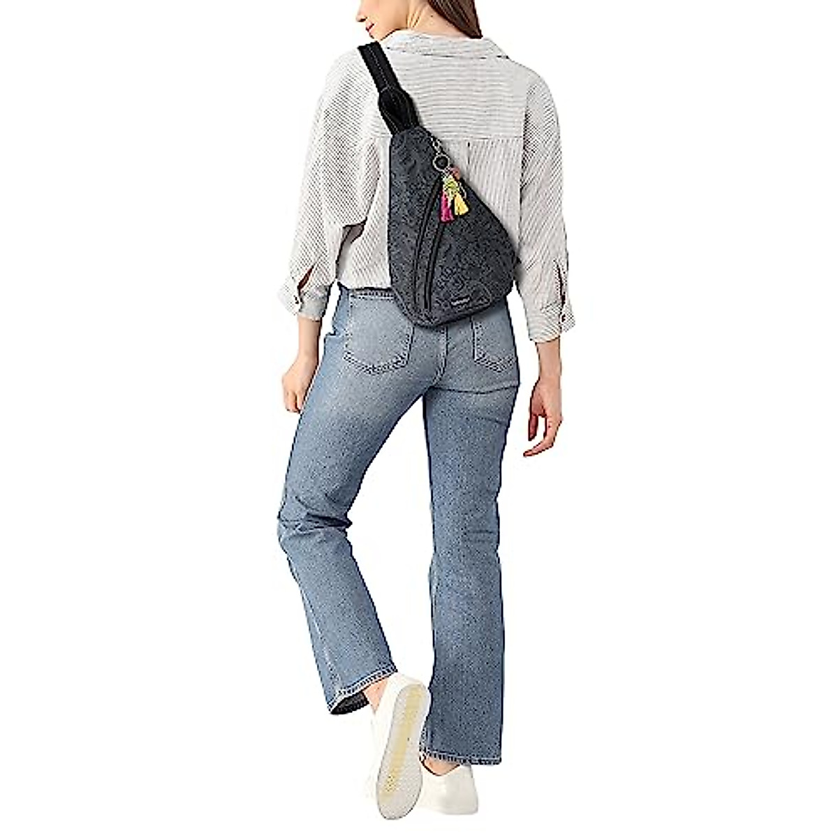 Sakroots Women's Go Sling Backpack in Nylon Eco Twill, Black Tonal Spirit Desert, One Size