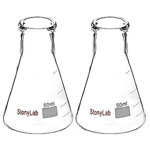StonyLab 2-Pack Glass 50ml Heavy Wall Narrow Mouth Erlenmeyer Flasks with Heavy Duty Rim - (50ml Fits with StonyLab 4# Rubber Stopper)