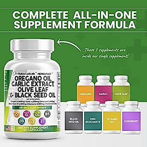 Oregano Oil 6000mg Garlic Extract 4000mg Olive Leaf 3000mg Black Seed Oil 3000mg - Immune Support & Digestive Health Supplement for Women and Men with Vitamin D3 and Zinc - Made in USA 60 Caps