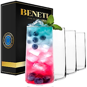 BENETI Modern Crystal Glass Cups, Tall Highball Drinking Glasses Set of 4 | Made in Europe | Water and Juice Kitchen Glassware (18 Onces)