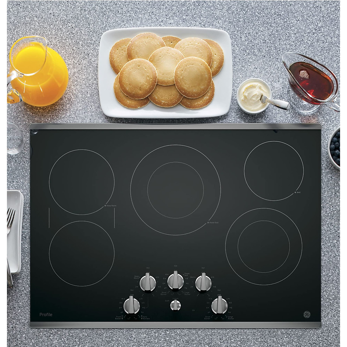 GE PP7030DJBB 30 Inch Electric Cooktop with 5 Radiant, Bridge SyncBurners, 9/6 Inch Power Boil Element, Keep Warm Setting, Red LED Backlit Knobs, ADA Compliant Fits Guarantee
