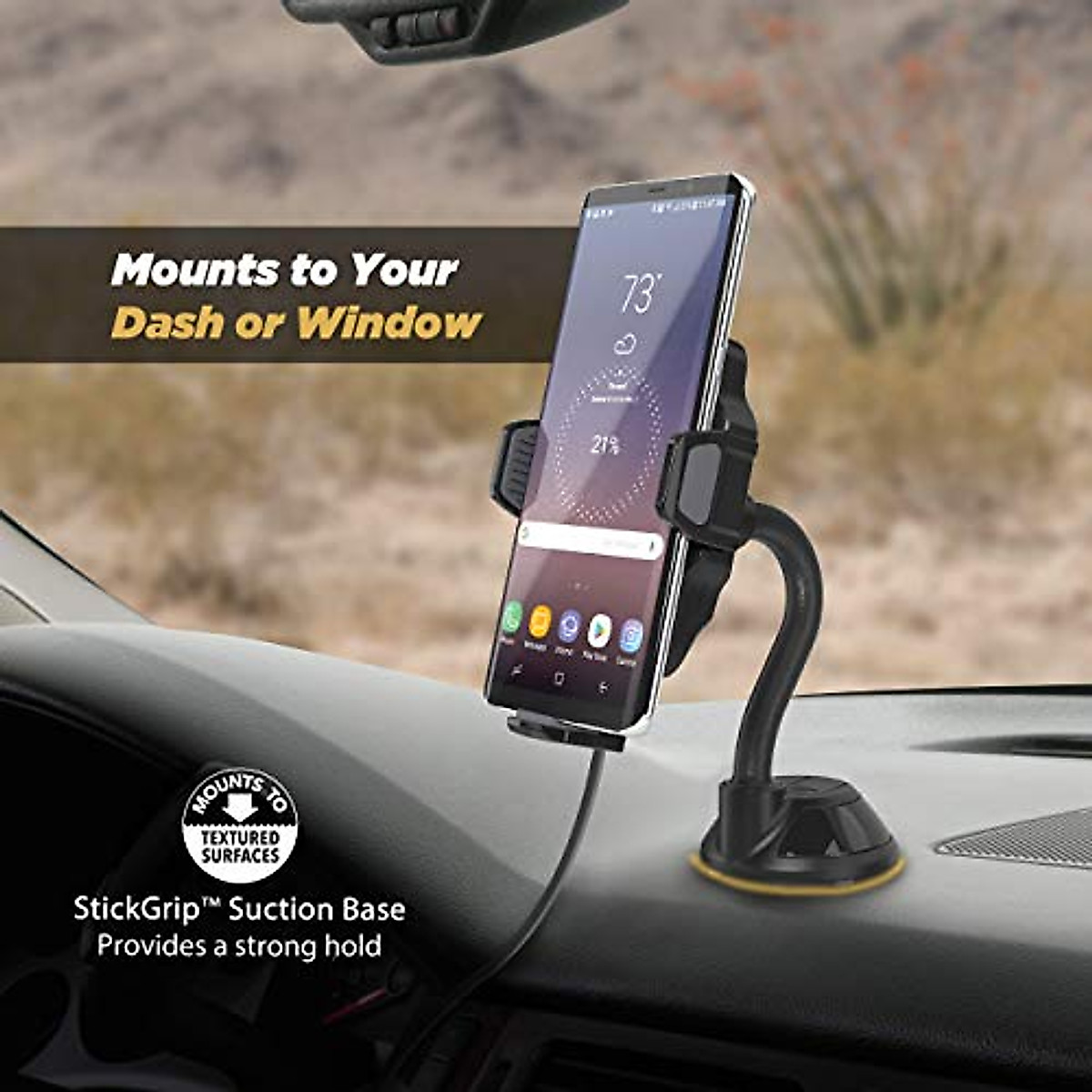 SCOSCHE WDQ2M STUCKUP Qi Car Phone Holder Windshield, Dashboard or Vent Mount | Stick Grip Suction Cup Base | Non-Magnetic | Black Charger with Car Adapter and Type-C Cable
