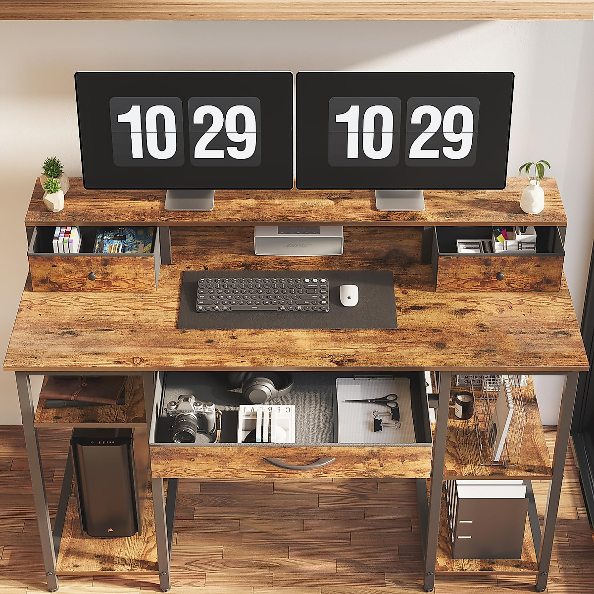 Treesland 47" Computer Desk with Monitor Shelf, Multifunctional Dual Tiers Office Desk, Sturdy Home Office Gaming Desk, Brown