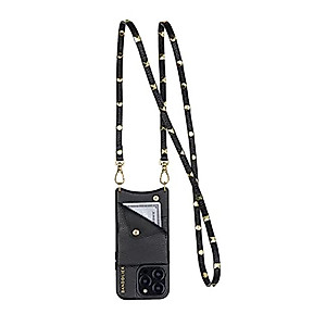 Bandolier Sarah Crossbody Phone Case and Wallet - Black Leather with Gold Detail - Compatible with iPhone 14 Pro Max
