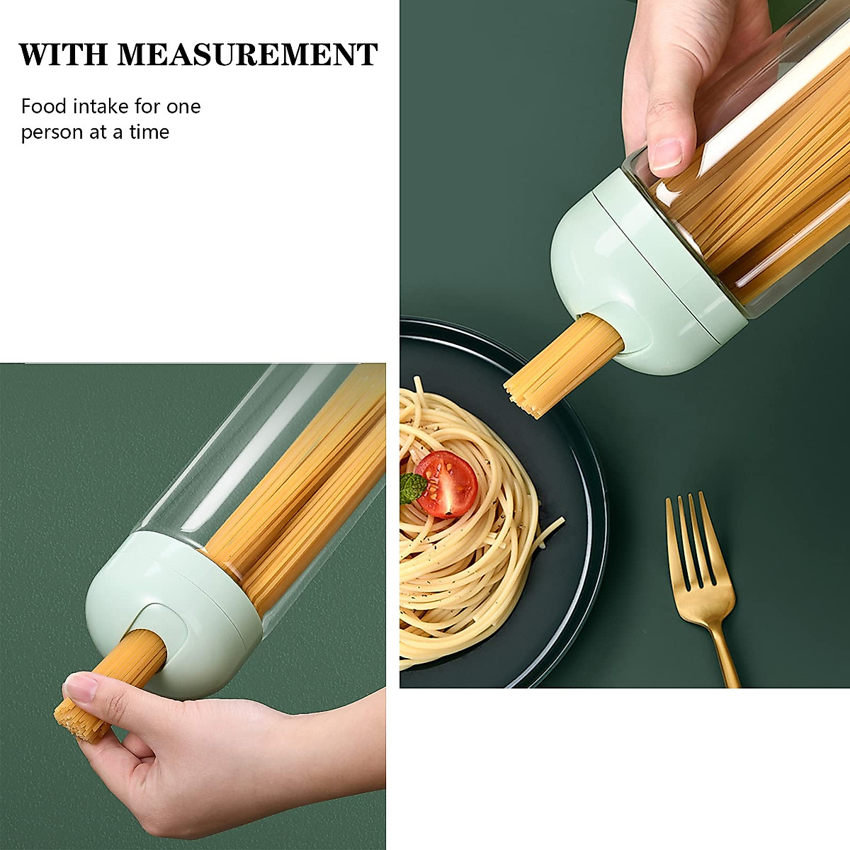 funvim Spaghetti Container Storage Glass,59oz/1.7L Pasta Storage Containers for Pantry Airtight,Green Spaghetti Jar with Measurer for Spaghetti and Noodles