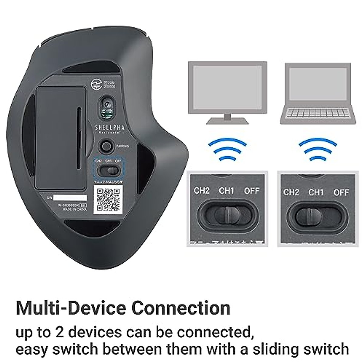 ELECOM Bluetooth Mouse Ergonomic Shape, Silent Click, 18-Month Battery Life, 2000DPI, 5 Buttons with Tilt Wheel, Optical Sensor, Compatible with PC, Mac, Laptop, SHELLPA, Black (M-SH30BBSKBK)