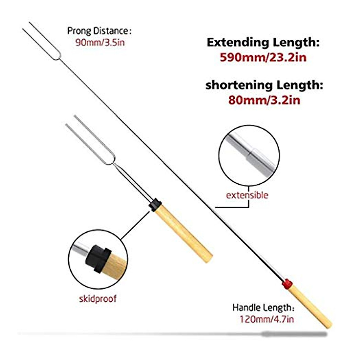 Wonderland Marshmallow Roasting Sticks with Wooden Handle Extendable Forks Set of 8 Pcs Telescoping Smores Skewers for Campfire, Firepit, and Sausage BBQ, 32 Inches