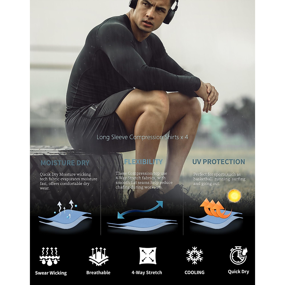 4 Pack Men's Compression Shirts Long Sleeve UPF SPF Rash Guard Workout Base Layer Undershirt Gear M