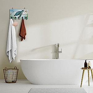 JasmineM Sea Turtle Ocean Key Holder for Wall Decorative, Wood Wall Mounted Key Rack with 5 Key Hooks, Keys Hanger Organizer for Entryway Hallway Office Home Decor, Rustic Wood Beach Starfish