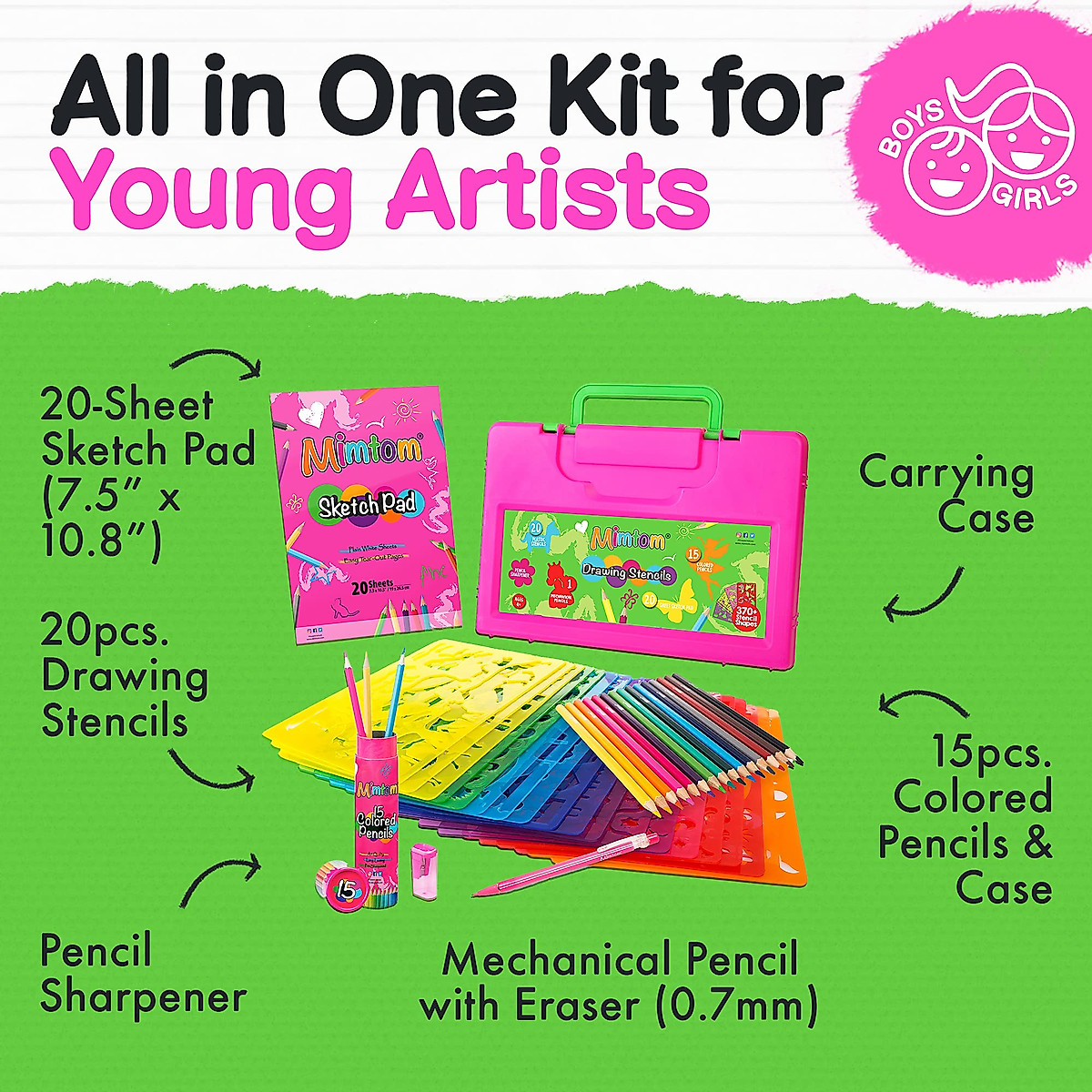 Mimtom Drawing Stencil Kit for Kids, 60 PC Art Set with 370+ Shapes, Sketch Pad, and Colored Pencils for DIY Arts and Crafts for Boys and Girls, Draw with Letter, Animal and Car Stencils, Pink