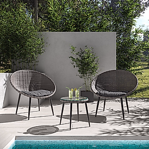 BELLEZE 3 Piece Modern Rattan Patio Bistro Set with Round Chairs and Glass Top Accent Table, Wicker Outdoor Conversation Set for Backyard or Porch - Hitia (Grey)