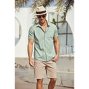 JINIDU Men Linen Shirts Short Sleeve Button Down Shirt Athletic Fit Dress Shirts Light Green