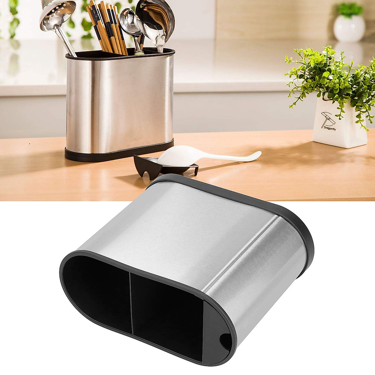 Utensil Holder, Kitchen Utensil Holder with Bottom Holes for Kitchen Counter (H7.1” x W3.8”x L8.7”), Stainless Steel Cooking Utensil Holder, Stylish Countertop Organizer and Kitchen Decor Caddy