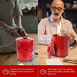 HEMOTON Metal Garden Incinerator Can, Stainless Steel Burn Barrel Incinerator Cage Barrel Fire Pit with Burning Tongs, Fire Bin Burning Leaves, Furnace Burning Bin for Yard Home Outdoor, Red