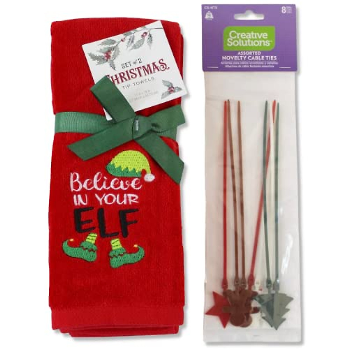 Christmas Fingertip Towels: Plush Velour Cotton Embroidered Believe in Your Elf on Red, Set of 2