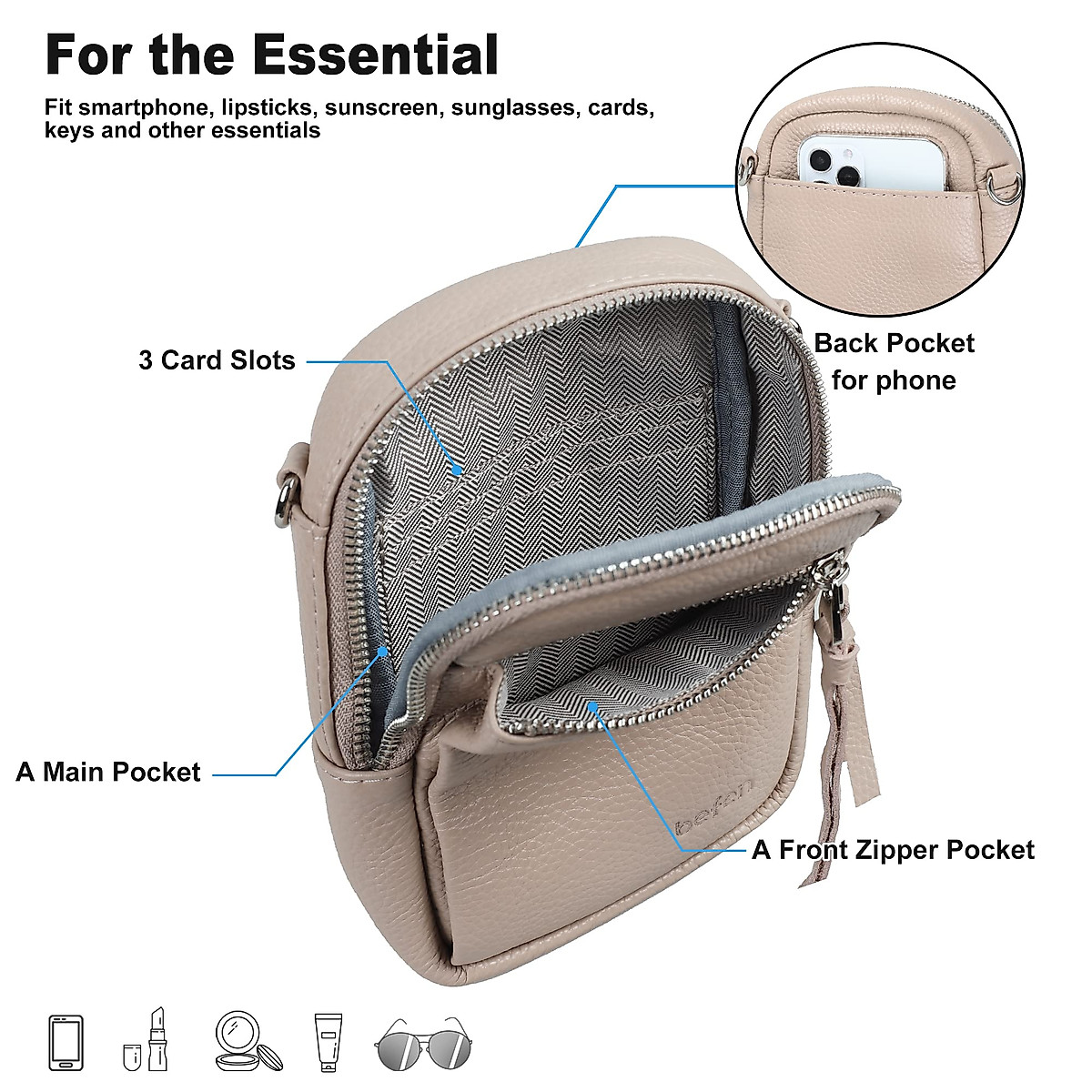 befen Small Genuine Leather Crossbody Cell Phone Bag Wallet Purse with Phone Pocket for Women (Nude)