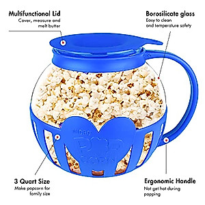 The Original Korcci 3 Quart Microwave Glass Popcorn Popper, Borosilicate Glass, Dishwasher Safe, 3-in-1 Silicone Lid, BPA Free, Family Size (Blue)