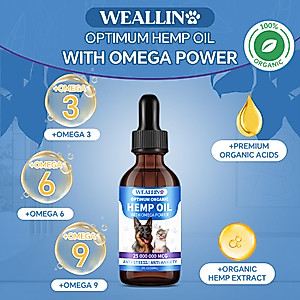 WEALLIN Hemp Oil for Dogs and Cats, Rich in Omega 3, 6, 9 and Organic Extract Helps Pets with Anxiety, Pain, Skin and Coat Health, Stress, Hip and Joint Support, Pet's Calming Treat (1 Pack)