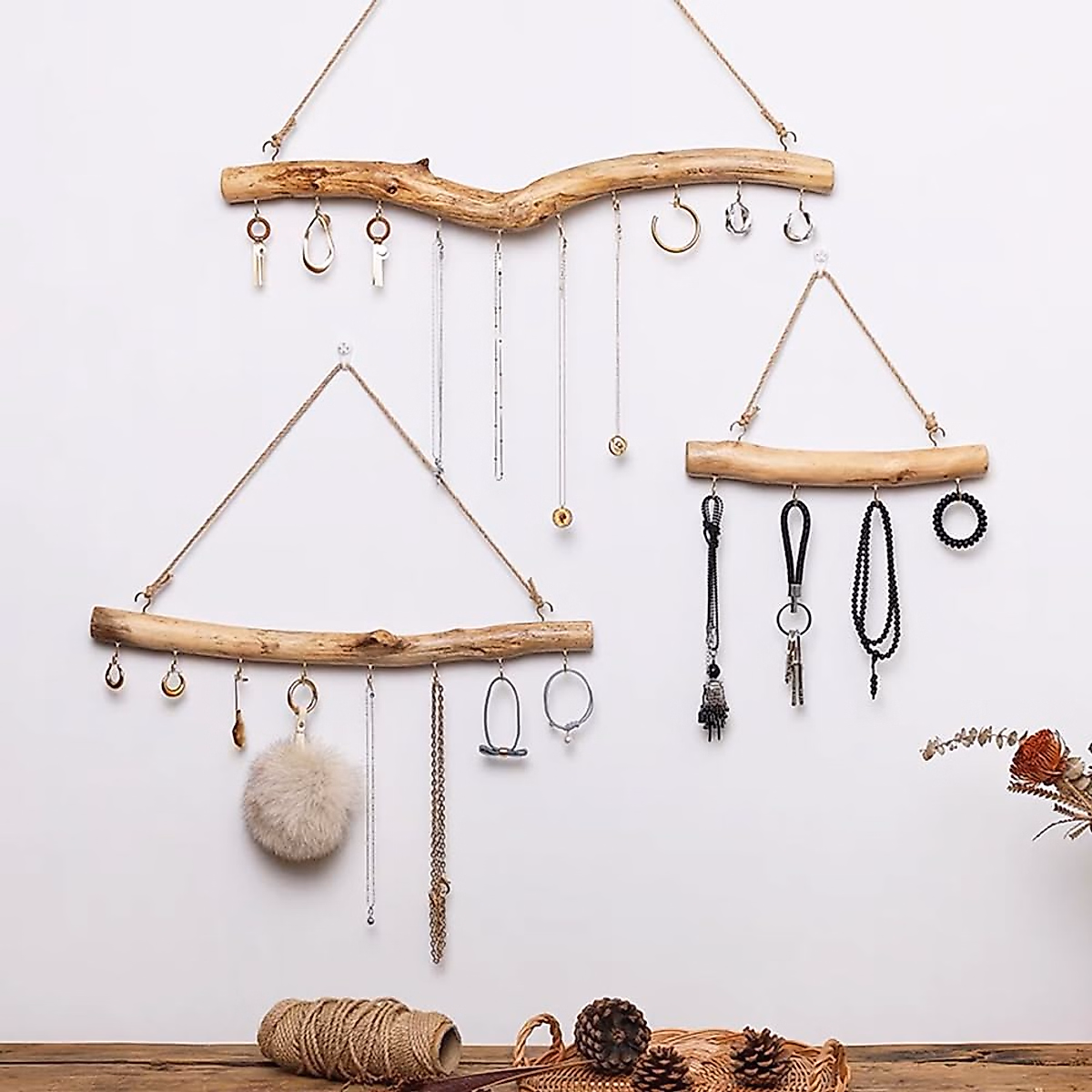 Logs for Decoration Natural Driftwood Decorative Branches Home Wall Hanging Decor Jewelry Organizers with 5 Hooks (15 Inch)