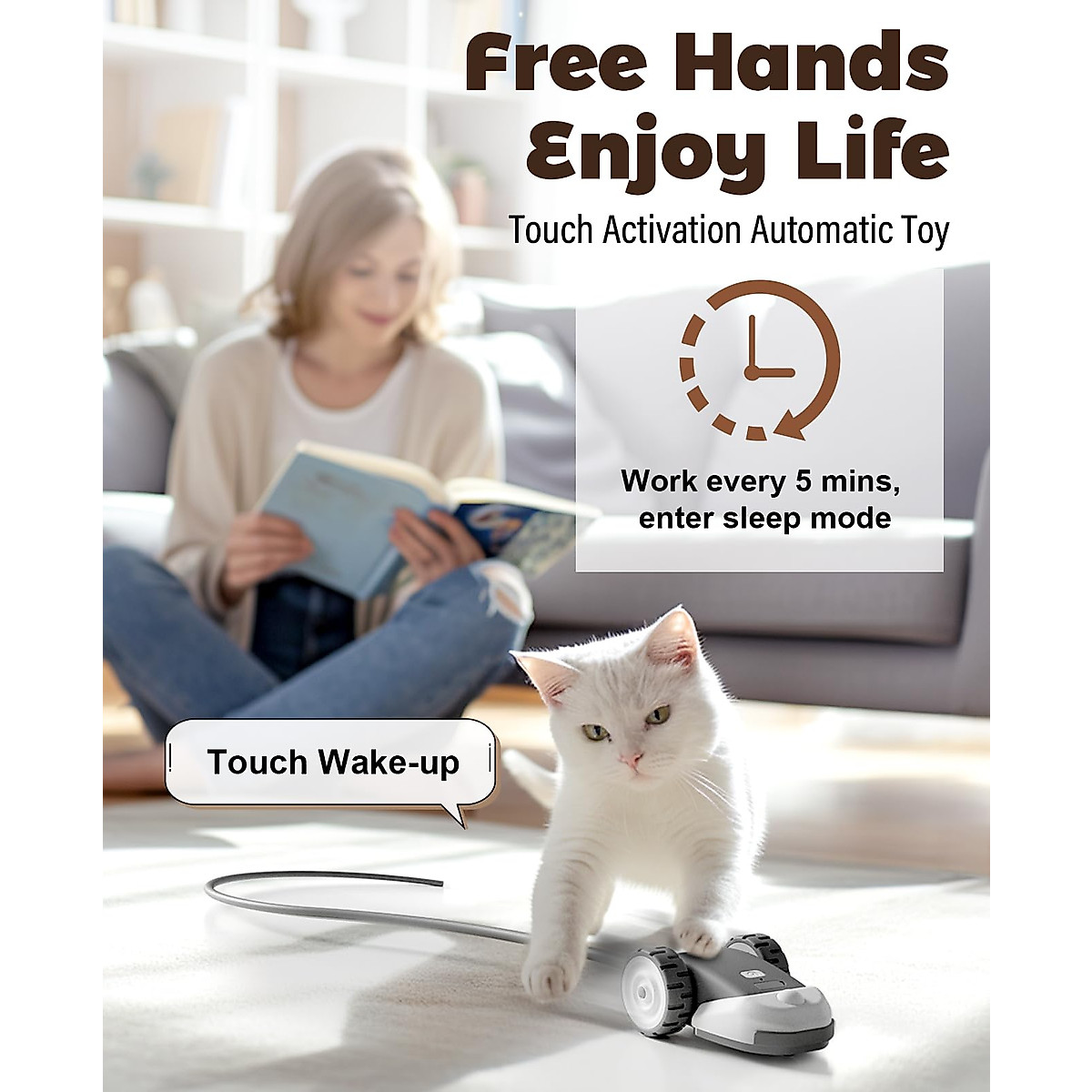 CYROS 3-in-1 Interactive Cat Toy - 2-Speed Automatic Moving Mouse Cat Toys Self Play with 2pcs Hanging Feather String Ribbon and Wiggly Silicone Mice Tail for Bored Indoor Adult Cats Kittens