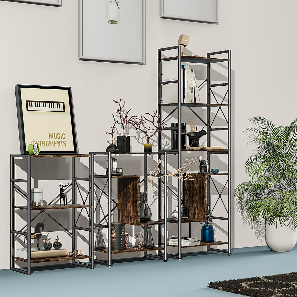 KIDSU Large Bookshelf,Industrial Bookacse with 15 Open Display Shelves,Triple Wide 5 Tier Wood and Metal Bookshelf,Modern Grey Bookshelve for Living Room,Office,Bedroom (Rustic Brown)